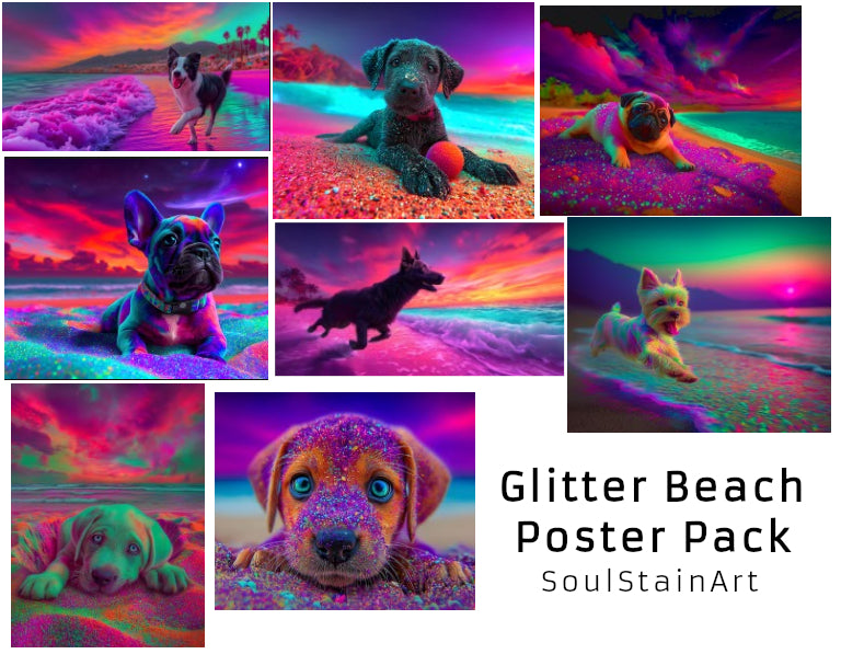 Dopamine Dogs on Glitter Beach | SoulstainArt Digital Poster Pack ...